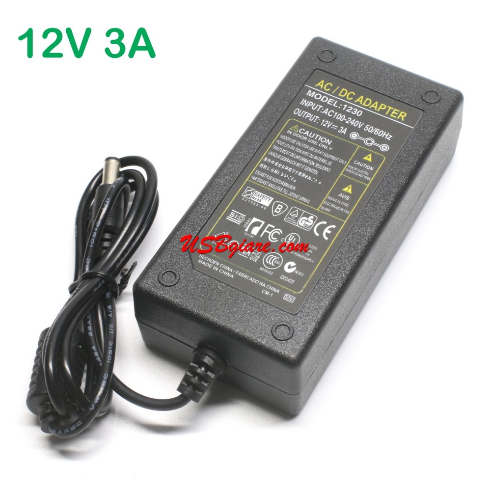 Adapter 12V 3A vuông đầu 5.5x2.5mm dây nguồn rời